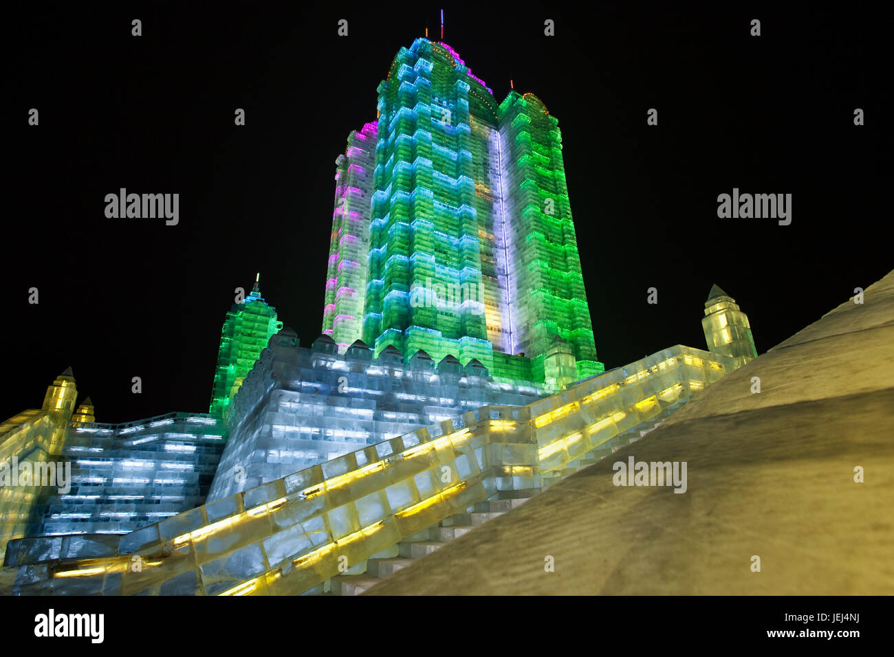 HARBIN-CHINA, JAN. 17, 2010. Stairs of a palace made of ice blocks ...