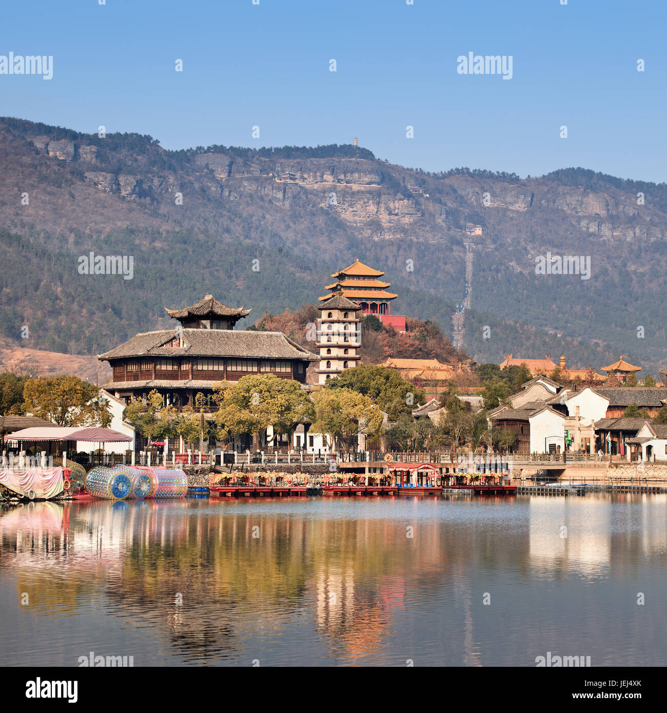 Ancient Chinese village at idyllic lakeside, Hengdian World Studios ...
