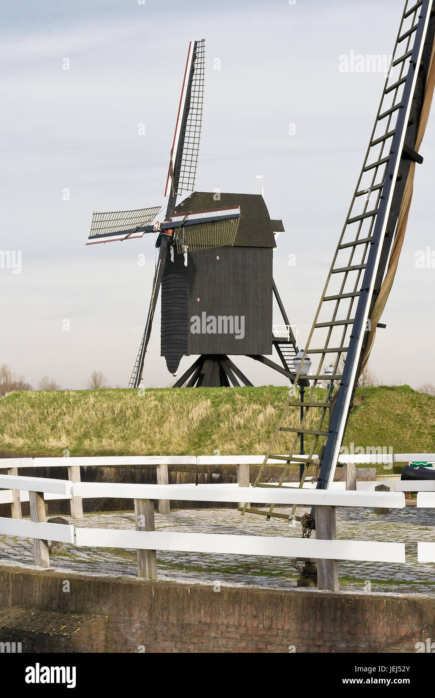 Ancient wooden windmill in a famous Dutch fortress place Stock Photo ...