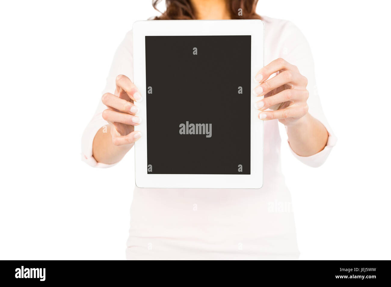 Woman showing tablet black screen Stock Photo - Alamy