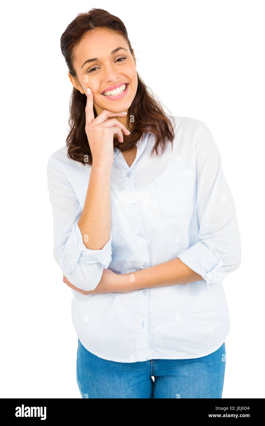 Thoughtful woman with finger on chin Stock Photo - Alamy