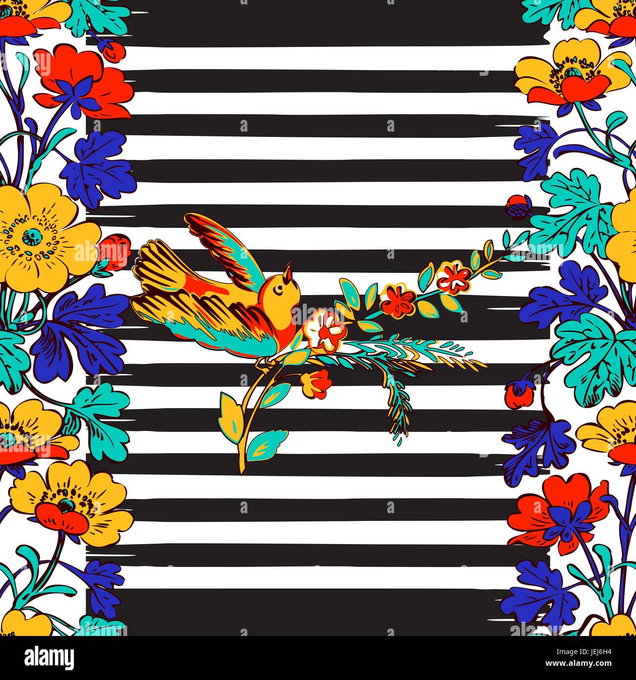 Seamless exotic bird flying and botanical border frame with tropical ...