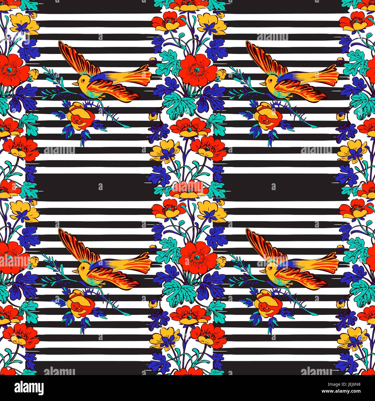 Seamless exotic bird flying and botanical border frame with tropical ...