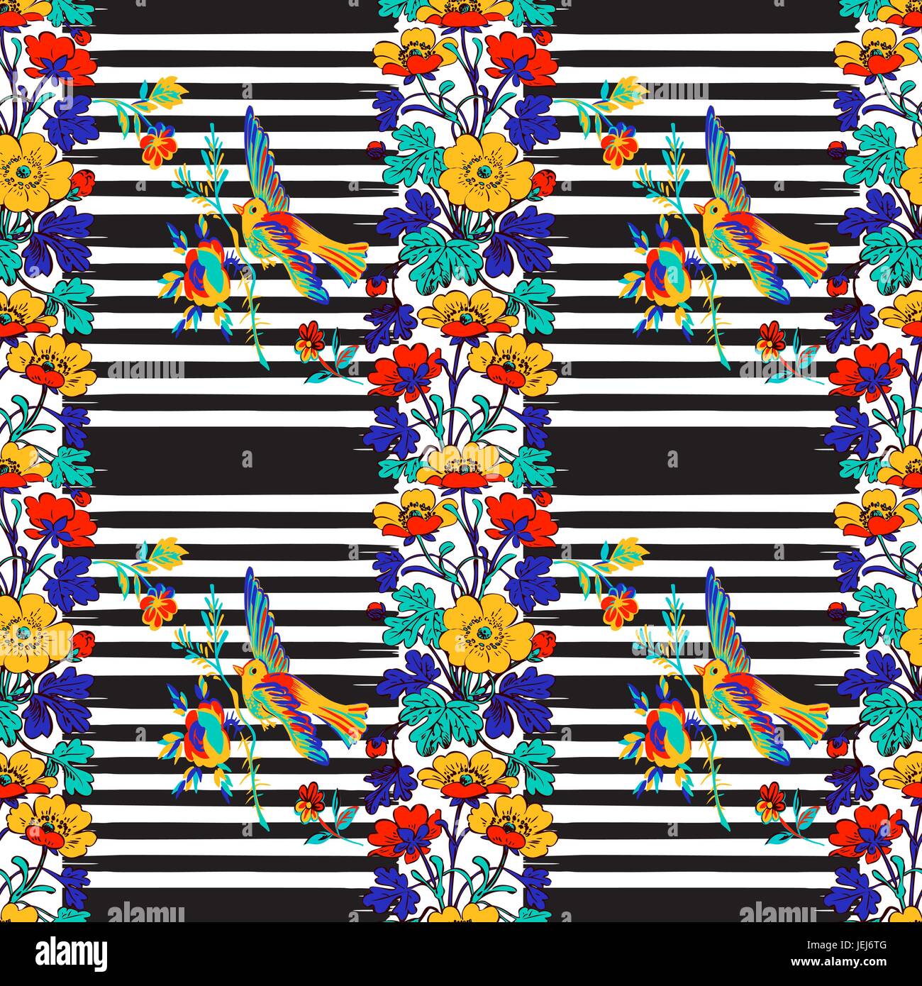 Seamless exotic bird flying and botanical border frame with tropical ...