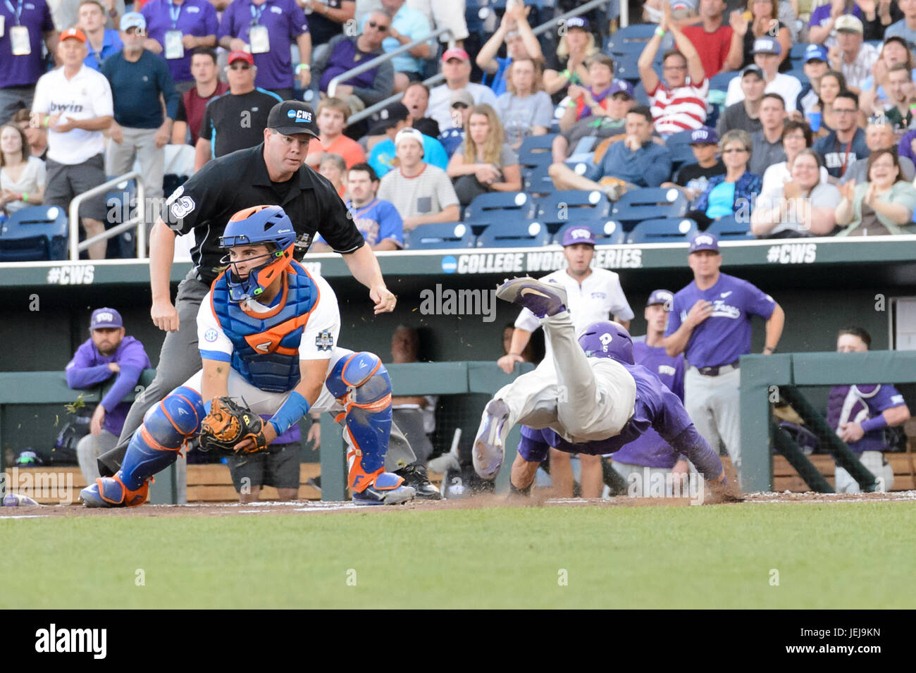 Omaha, NE USA. 23rd June, 2017. TCU's Ryan Merrill #5 dives into home ...