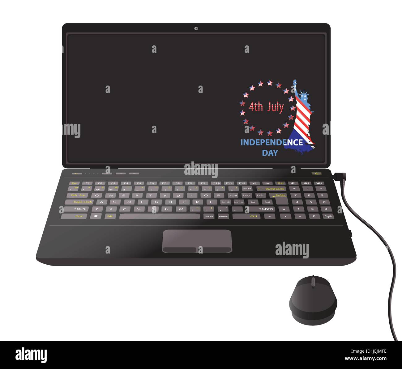 US Independence Day. Fourth of July. Desktop computer. A laptop. Statue ...