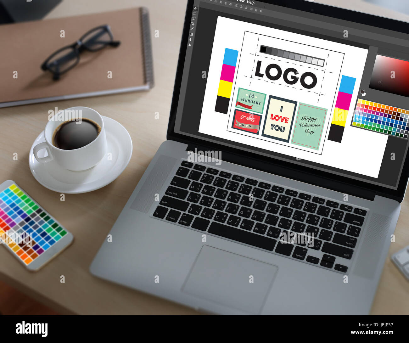 Creative Designer Graphic at work. Color swatch samples, Illustrator ...