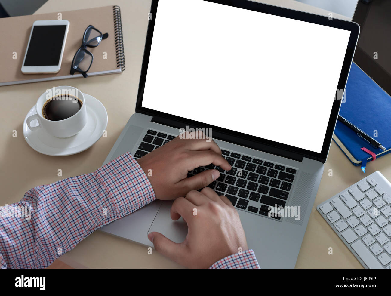 young man working Businessman using a desktop computer of the blank ...