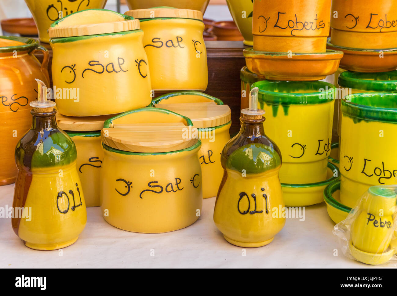 Colorful ceramic pots at the tourist market on the Plaza de la Reina in ...
