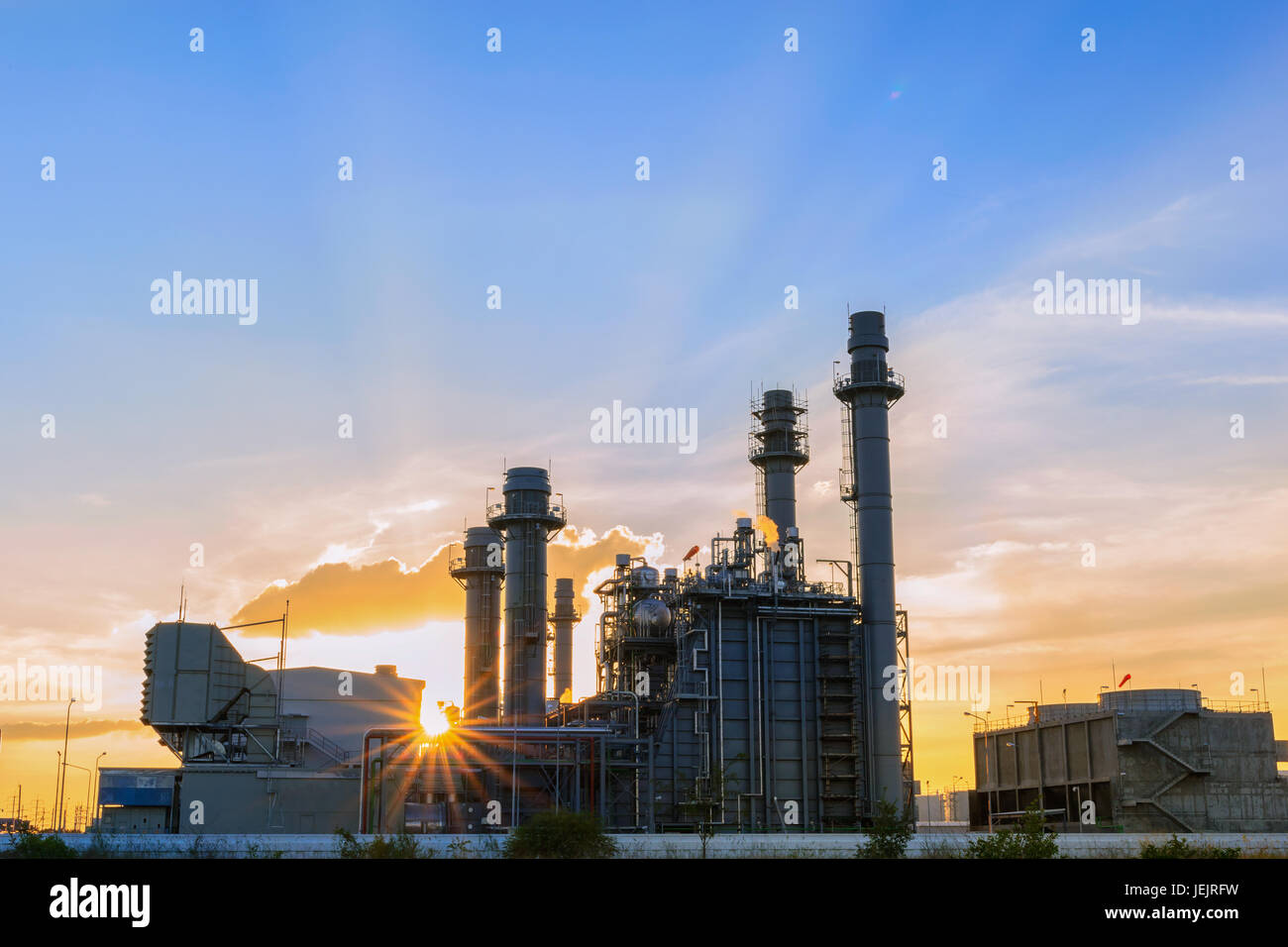 Gas turbine electrical power plant at dusk with twilight Stock Photo ...