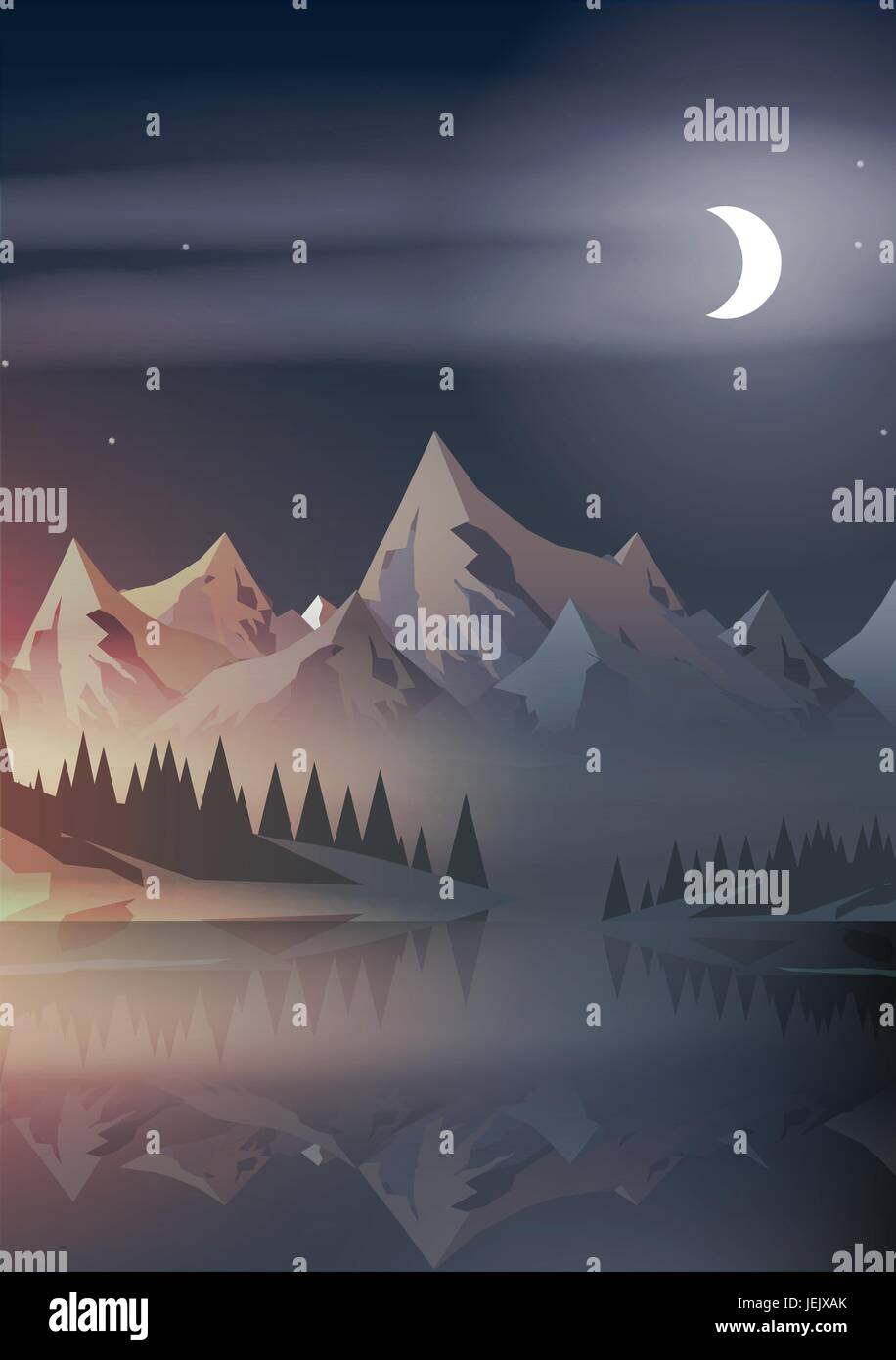 Sunset with Mountain Peaks, Pine Forest and Moon Rise - Vector ...