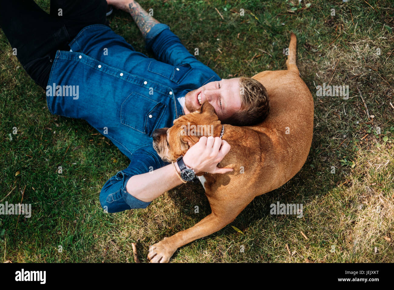 Young man lying down with his dog Stock Photo - Alamy