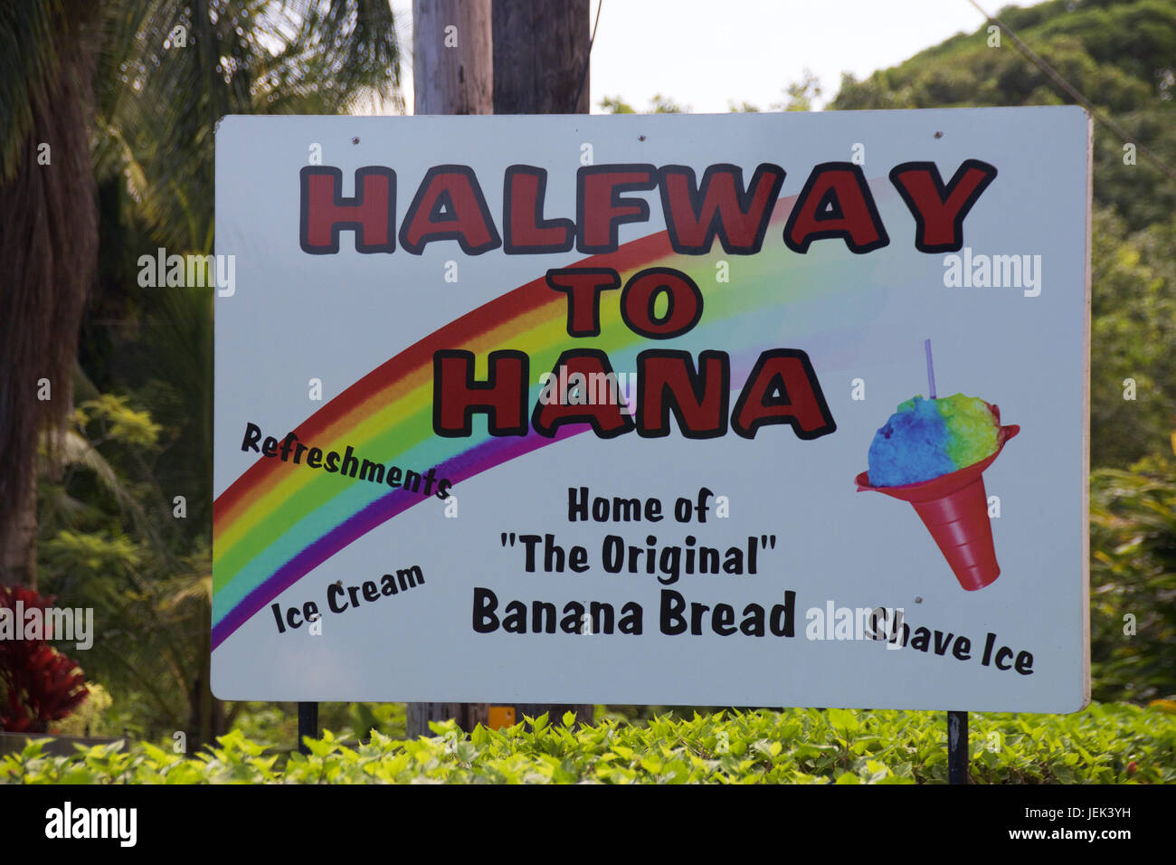 “Halfway to Hana” advertisement sign along the Road to Hana Stock Photo ...
