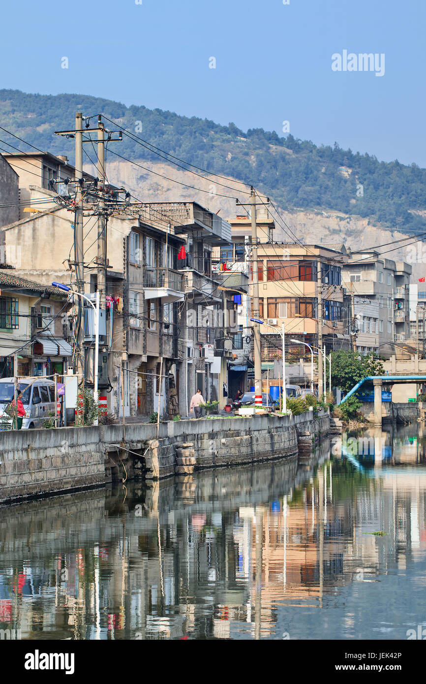 Waterway in old traditional neighborhood, Wenzhou, Zhejiang Province ...