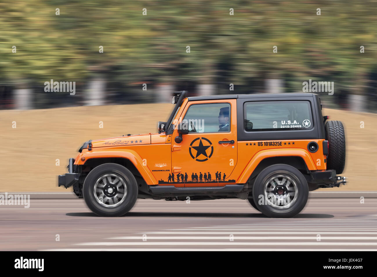 YIWU-CHINA-JAN. 26, 2016. Jeep Sahara with Band of Brothers stickers ...