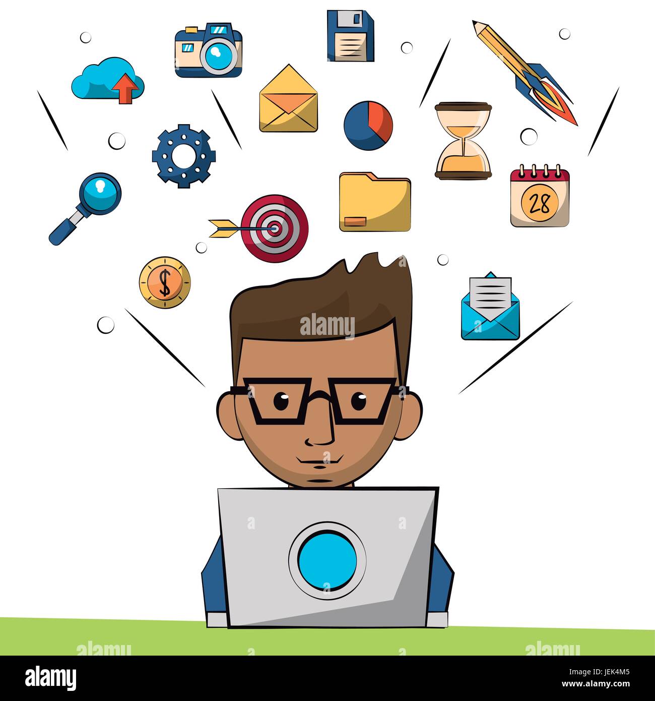 colorful background with marketing designer in closeup and smaller ...