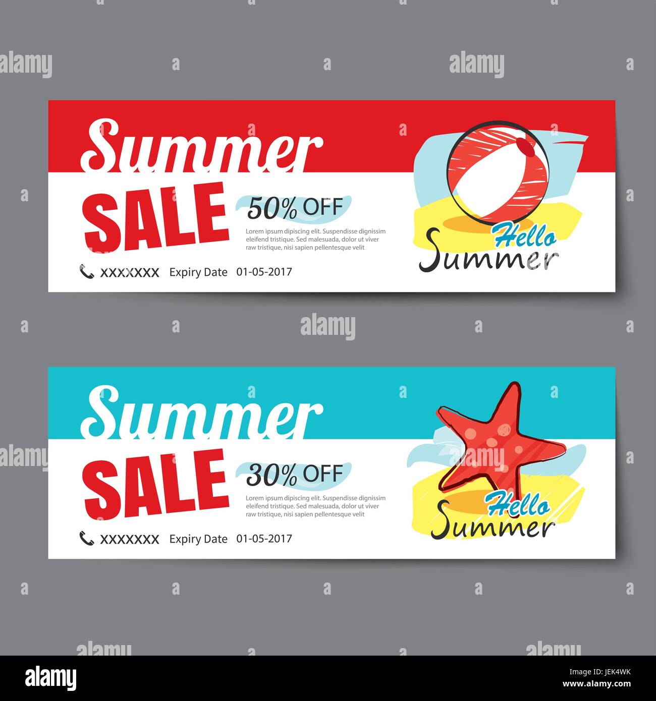 Summer sale voucher template.Discount coupon. Banner hand drawn flat ...