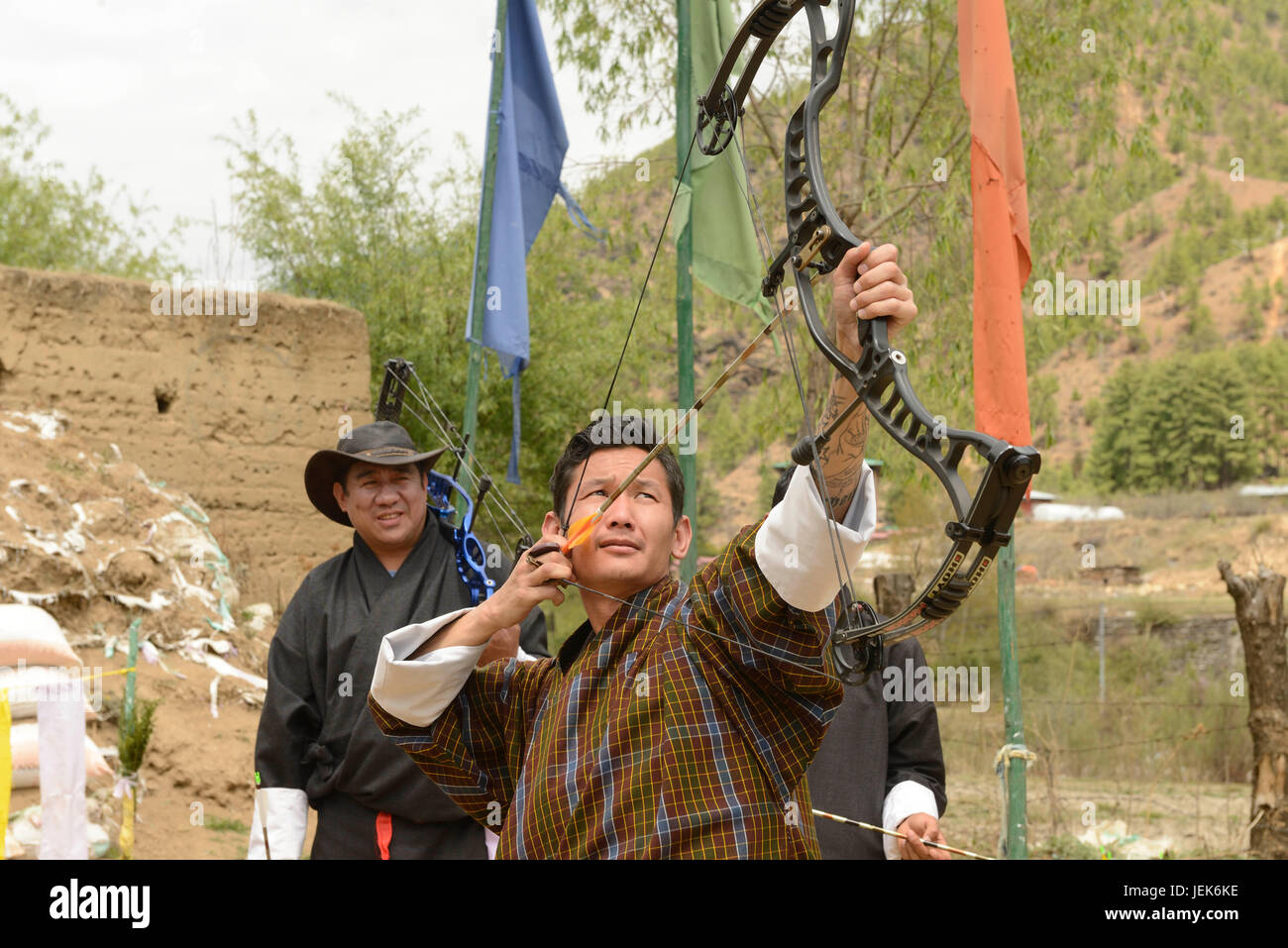 Man practicing the national sport of archery, Thimphu, Bhutan, asia ...