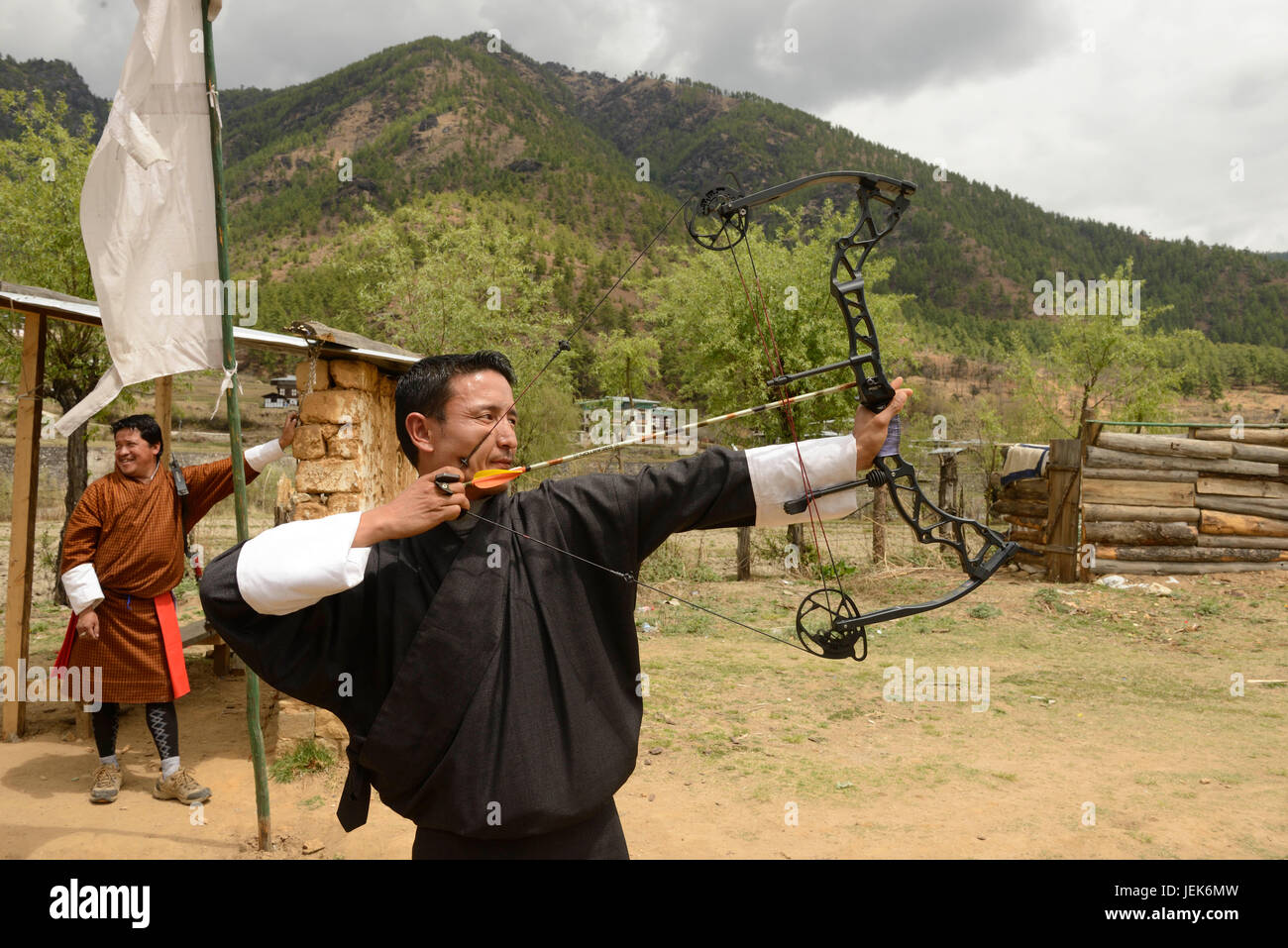 Man practicing national sport of archery, Thimphu, Bhutan, asia Stock ...