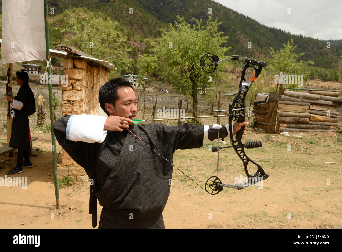 Man practicing national sport of archery, Thimphu, Bhutan, asia Stock ...