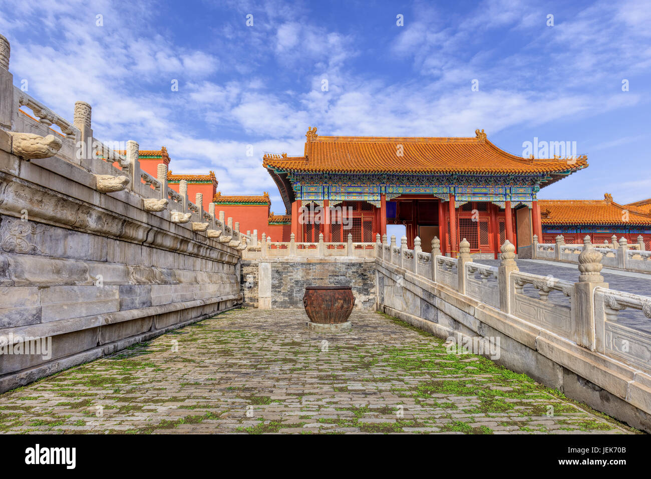 View on a majestic ancient pavilion with ornate balustrade, Beijing ...