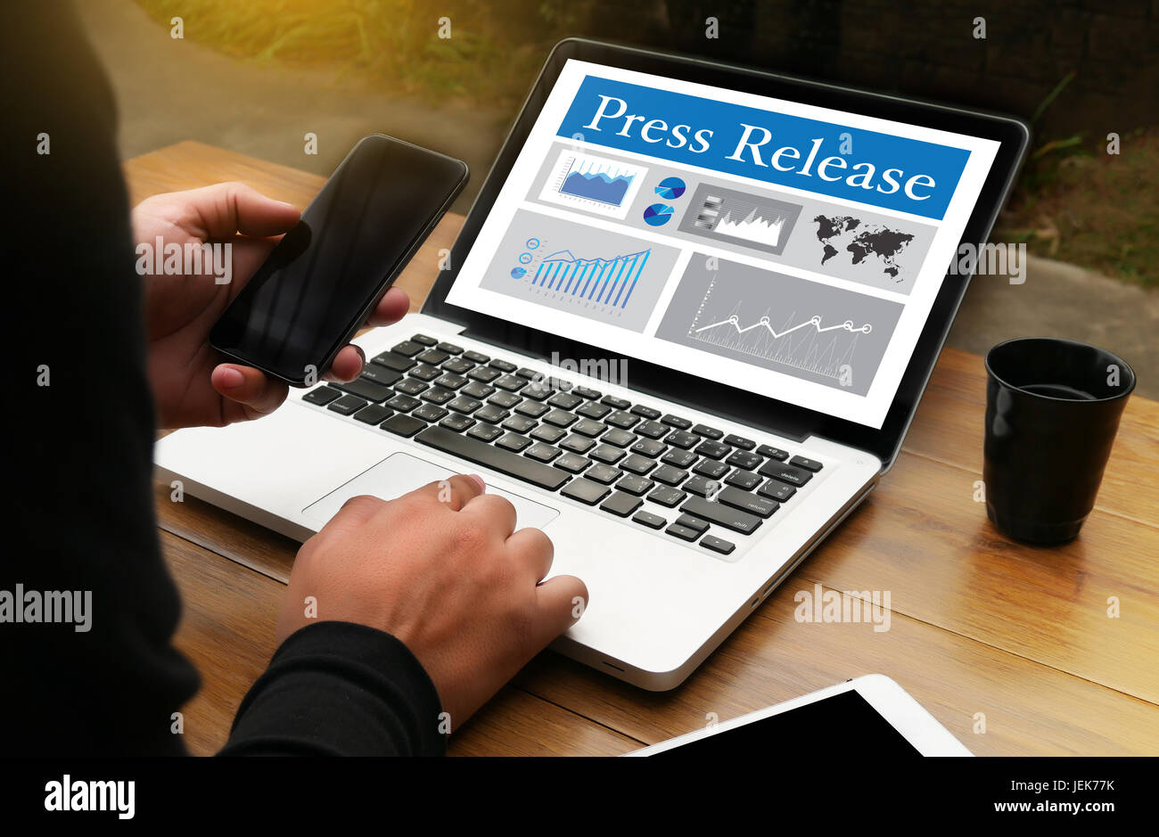 Press Release concept, Thoughtful male person looking computer Stock ...