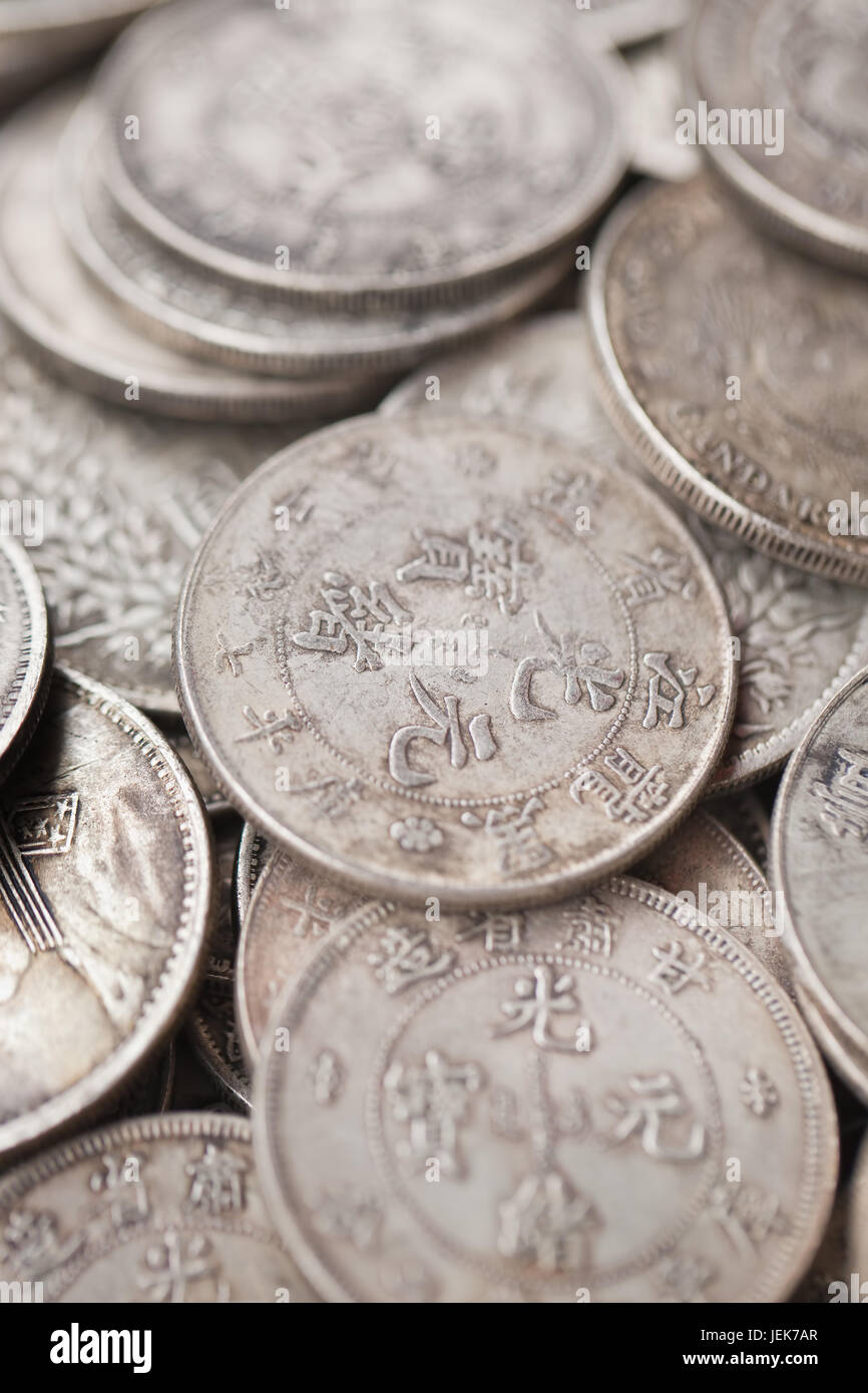 Antique Chinese coins displayed on Panjiayuan Market, located in south ...