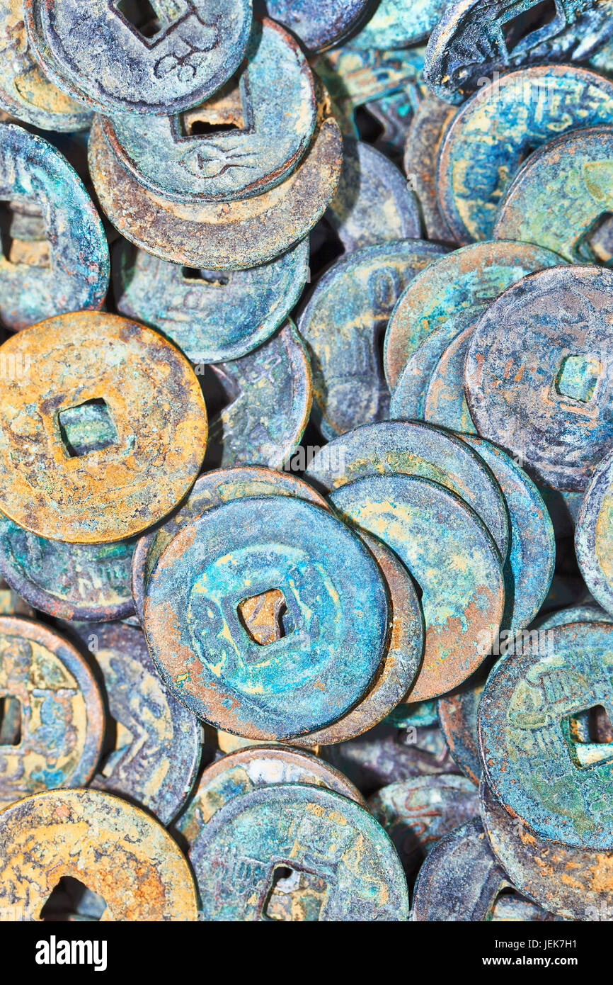 Collection ancient Chinese coins displayed on Panjiayuan market Beijing ...