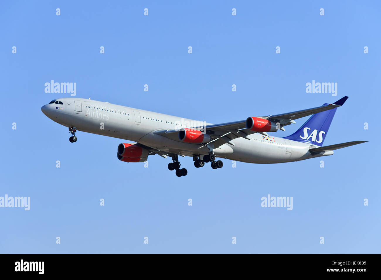 BEIJING-DEC. 9. SAS Airbus A340-313X, LN-RKF landing. Airbus A340 is a ...