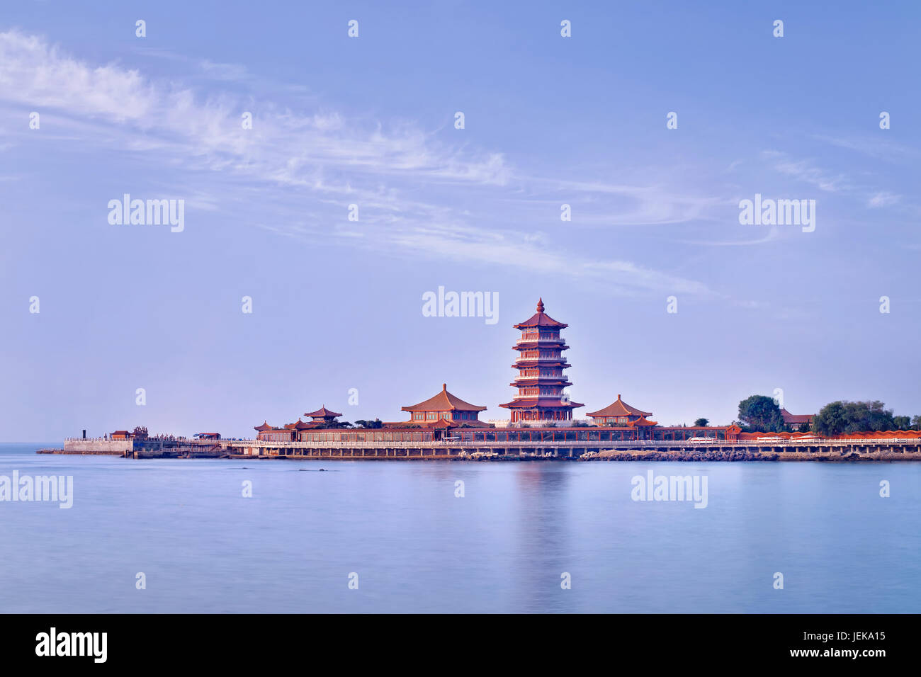 Temple complex on a peninsula with Pagoda, Penglai, China Stock Photo ...