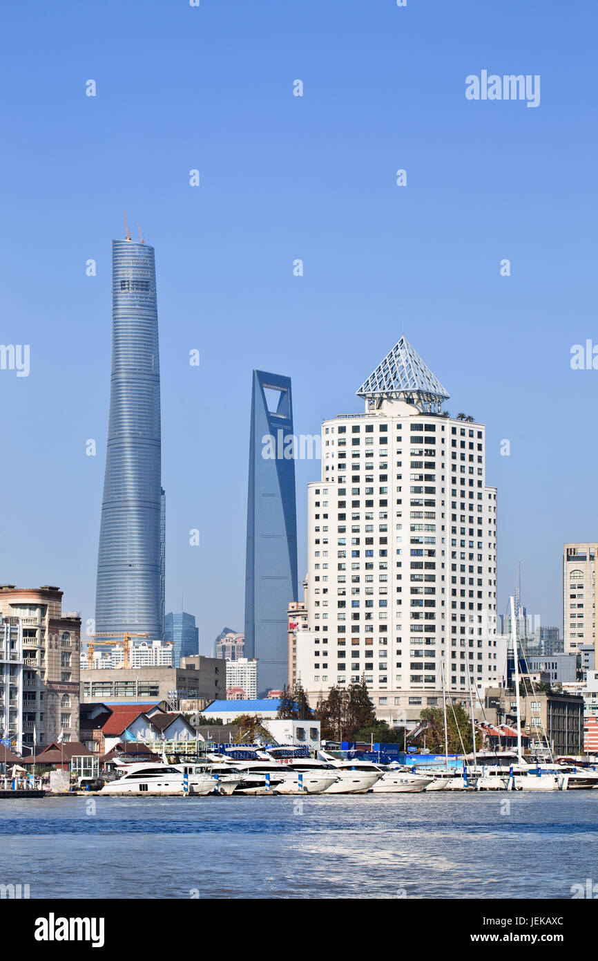 Yacht club at Huangpu river with Lujiazui skyscrapers on background ...