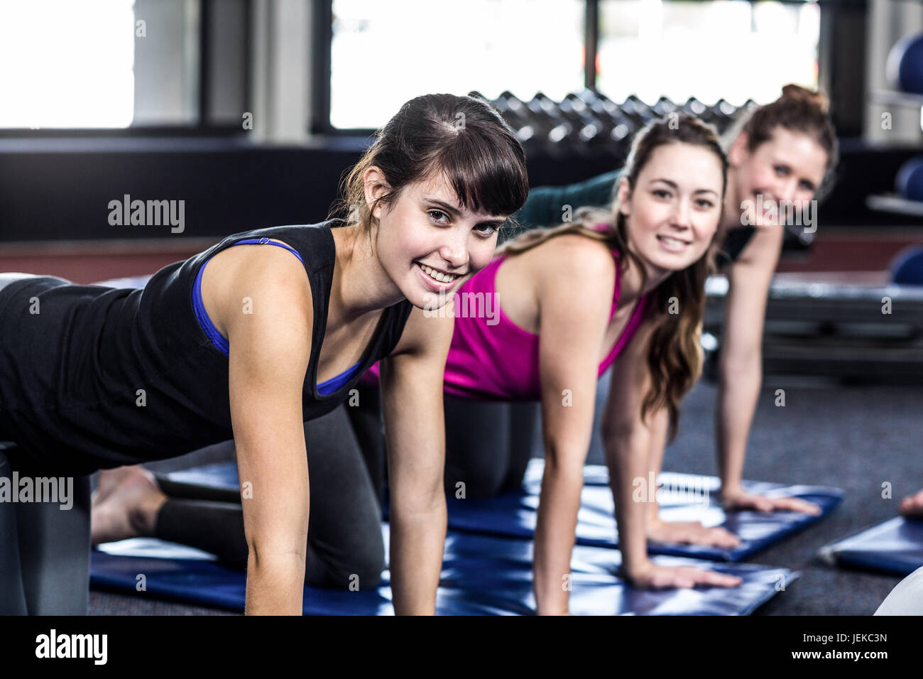 Fit smiling group doing exercise Stock Photo - Alamy
