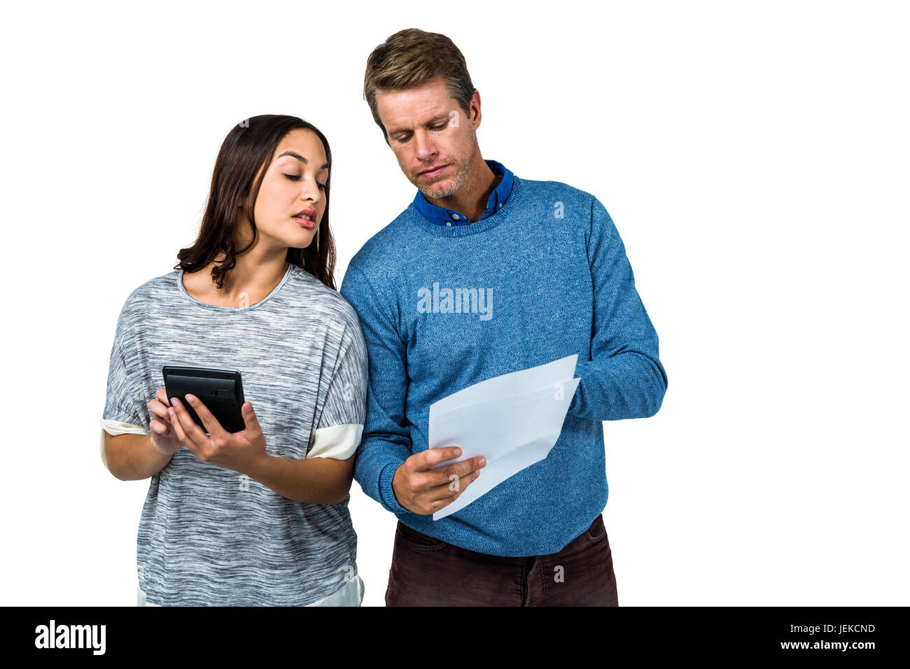 Close-up of man and woman calculating Stock Photo - Alamy