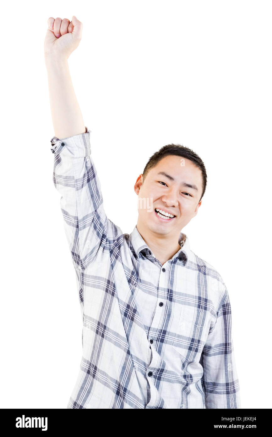 Portrait of cheerful man with hand raised Stock Photo - Alamy