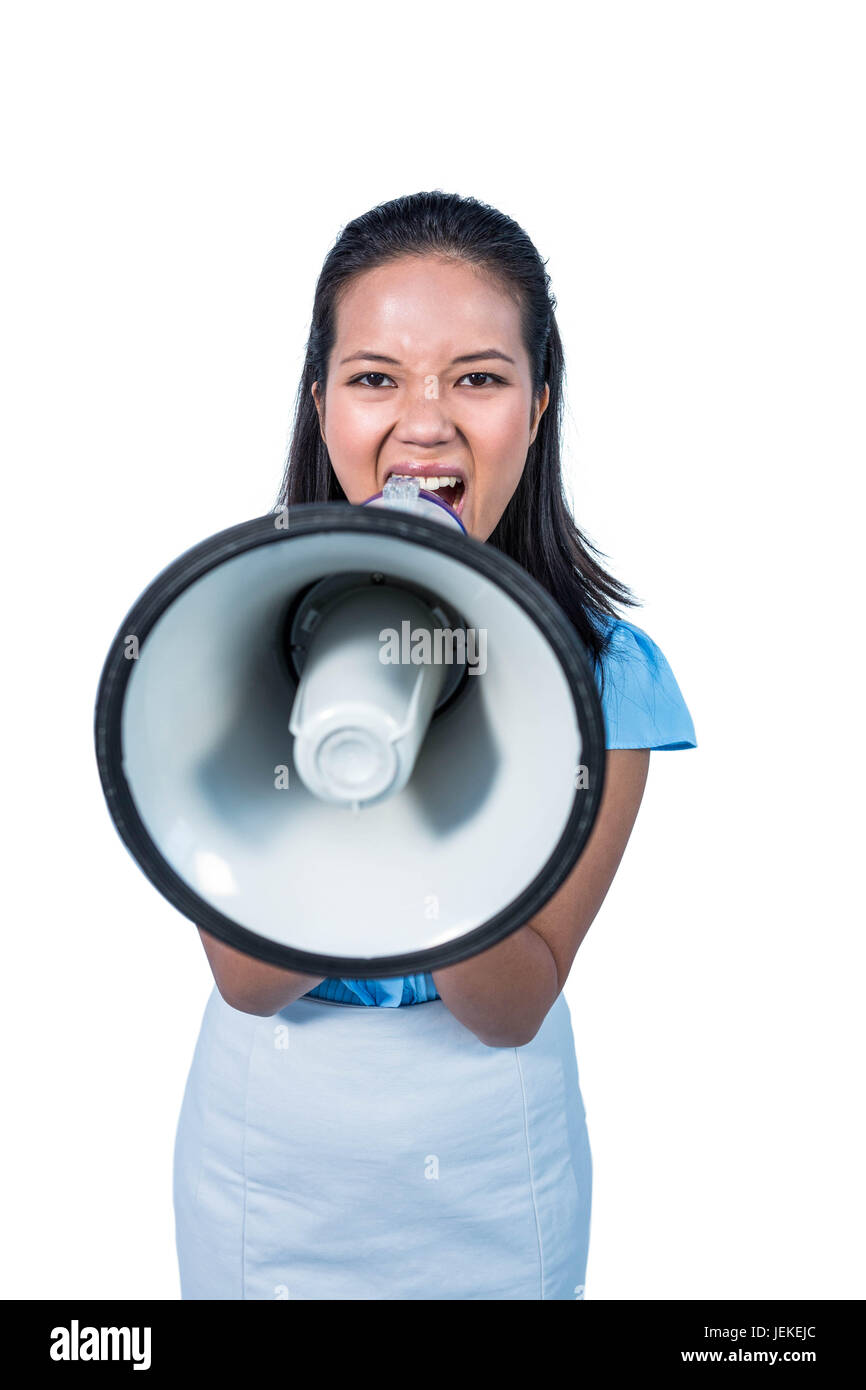 Asian woman female using talking speaking into megaphone hi-res stock ...