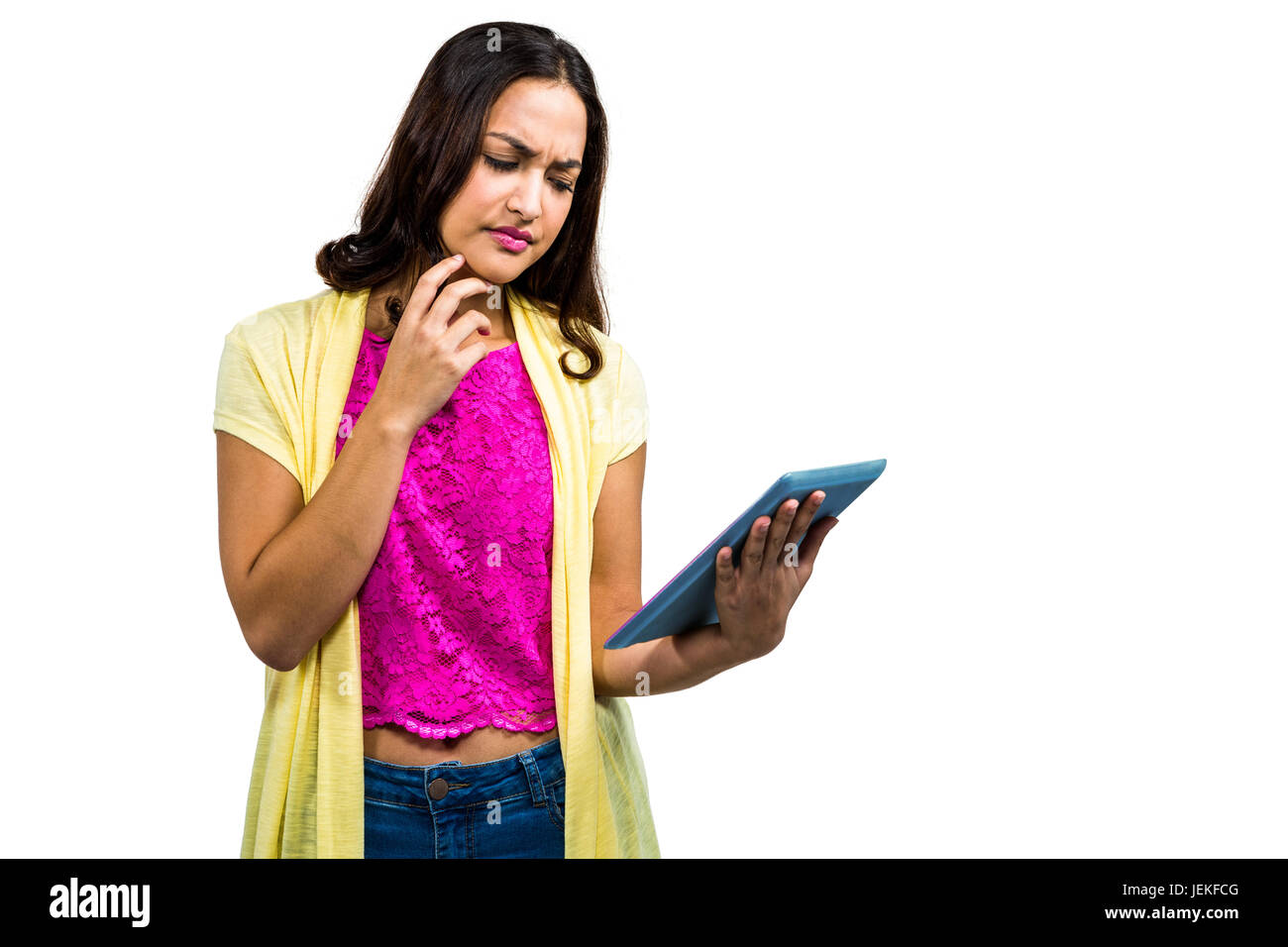 Woman confused thinking tablet hi-res stock photography and images - Alamy