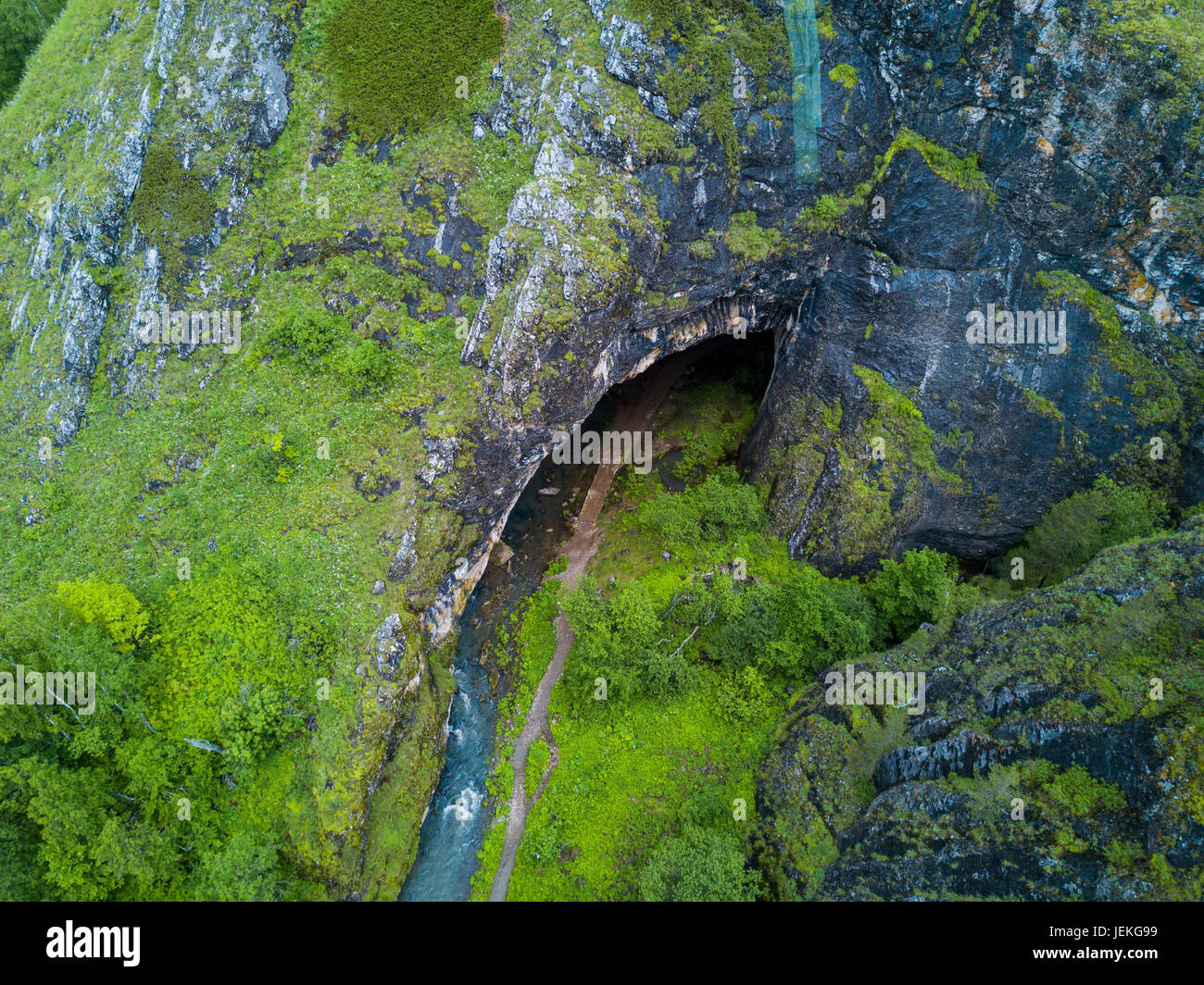 Kapova cave, Shulgan tash nature reserve, Bashkortostan, Russia. Aerial ...