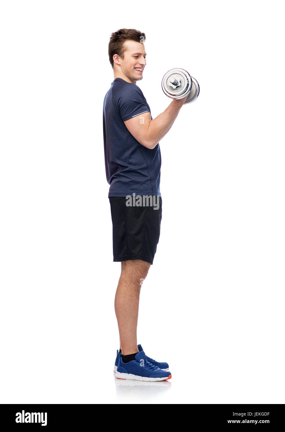 sportive man flexing muscles with dumbbell Stock Photo - Alamy