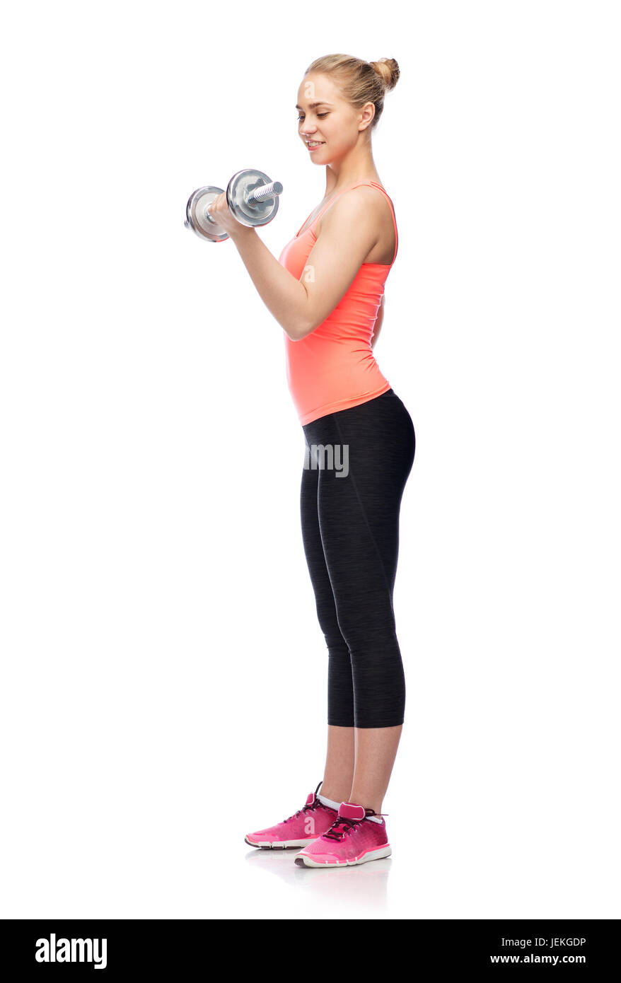 sportive woman flexing muscles with dumbbell Stock Photo - Alamy