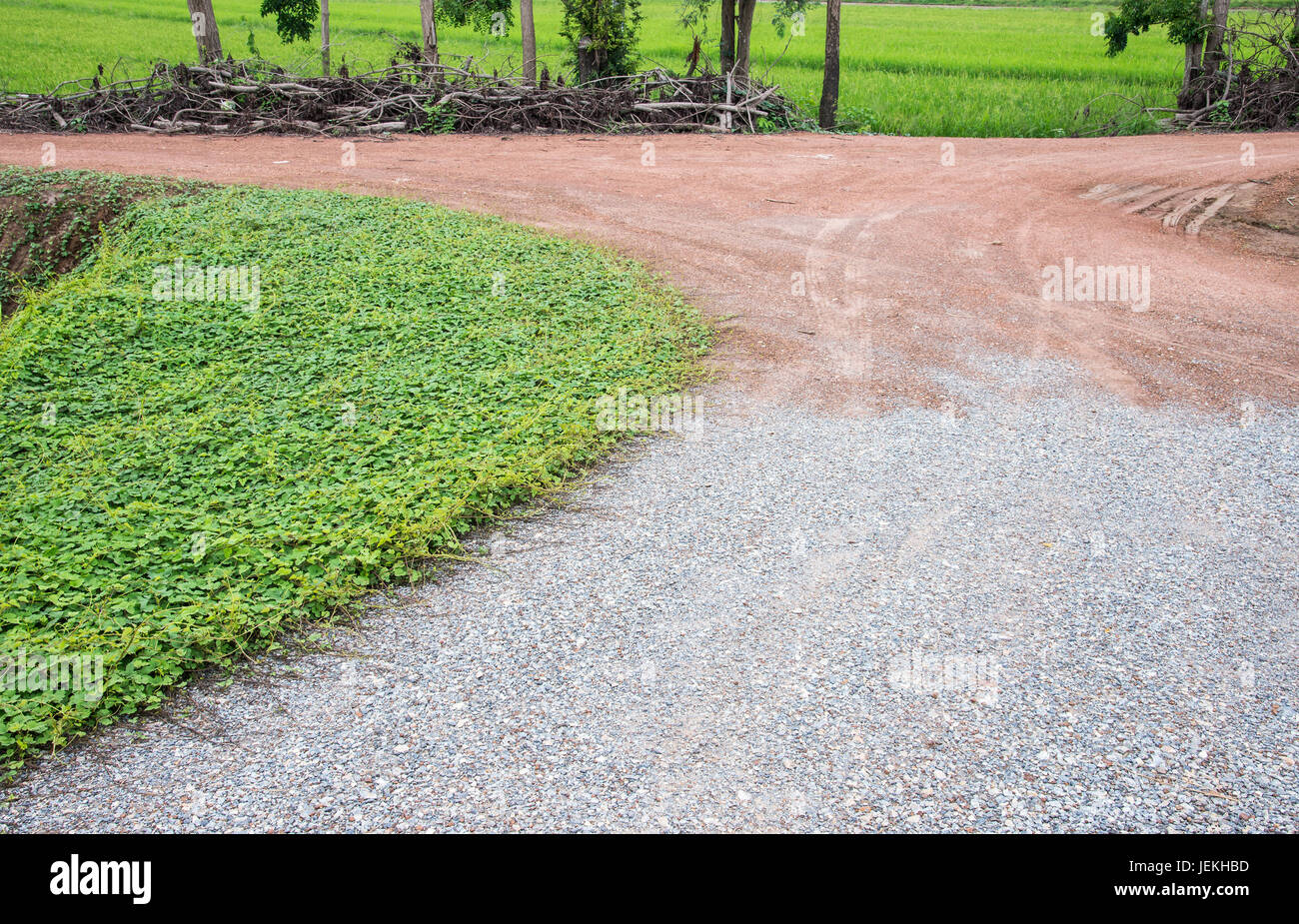 Dirt road with the gravel ground along the Irrigation canal near the ...