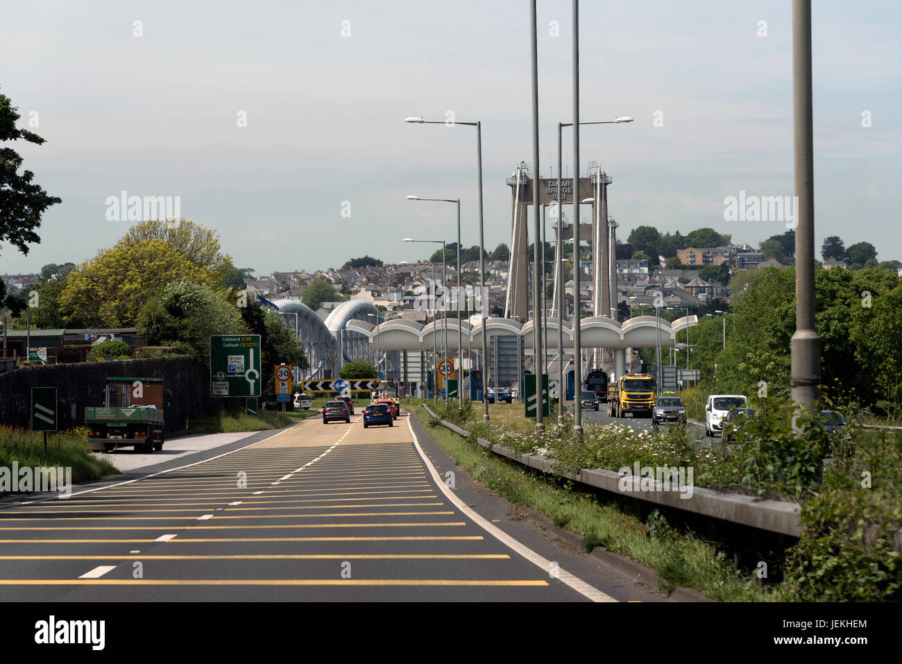 The A38 Devon Expressway road as it approaches the Tamar Bridge the ...