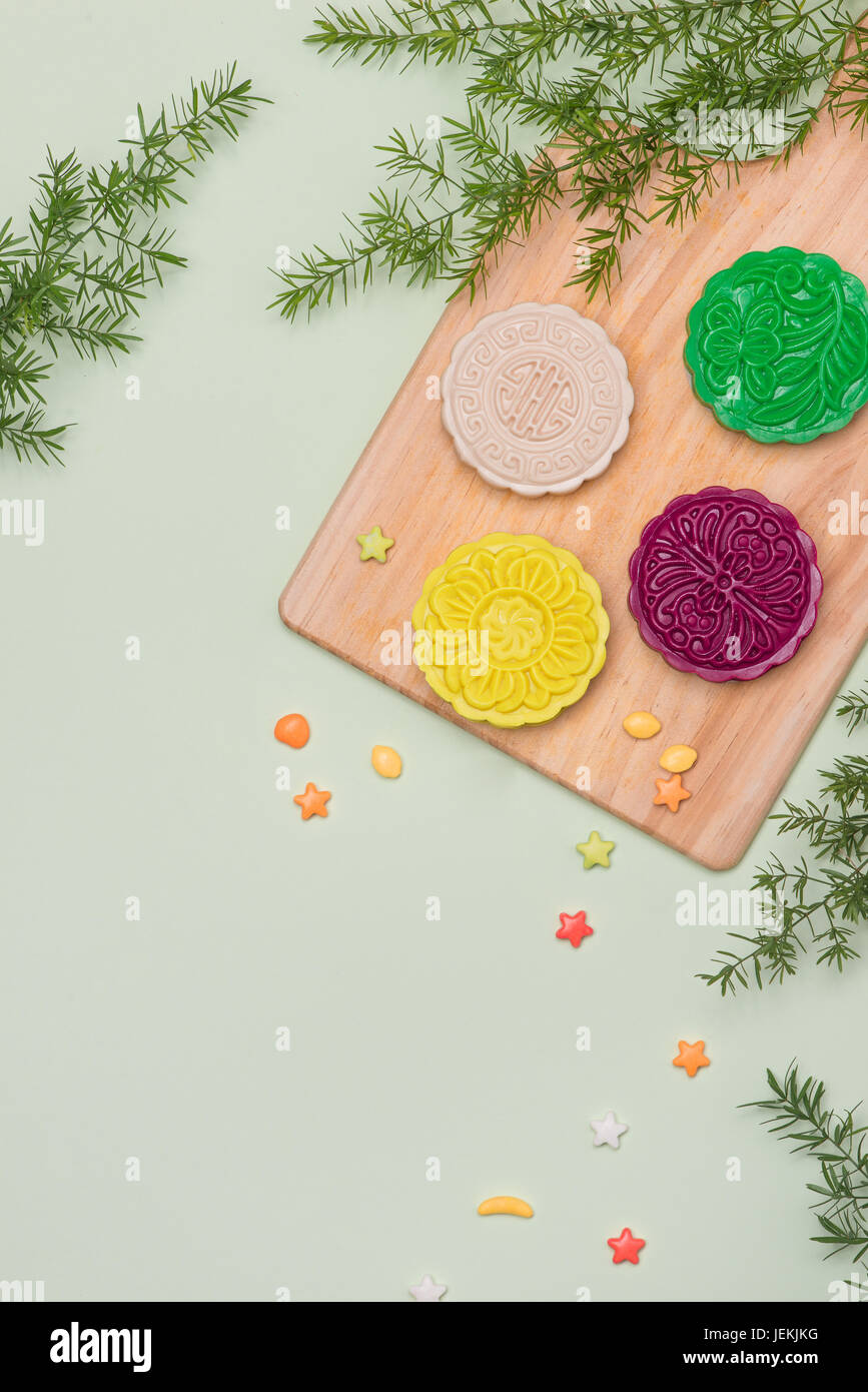 Table party setting. Traditional mid autumn festival colorful mooncakes ...