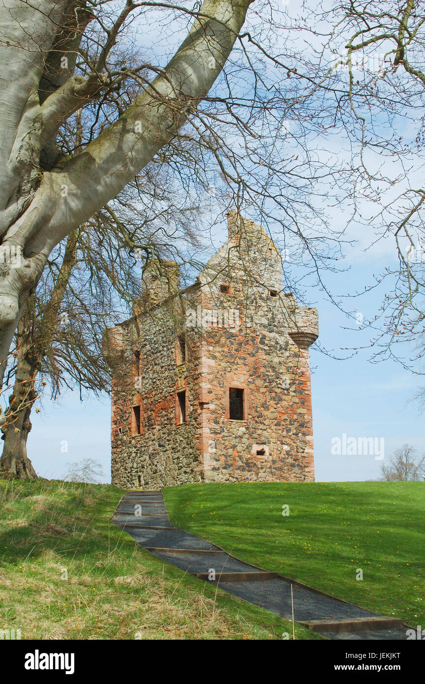 Greenknowe tower ruin standing on small hill in Scottish Borders Stock ...