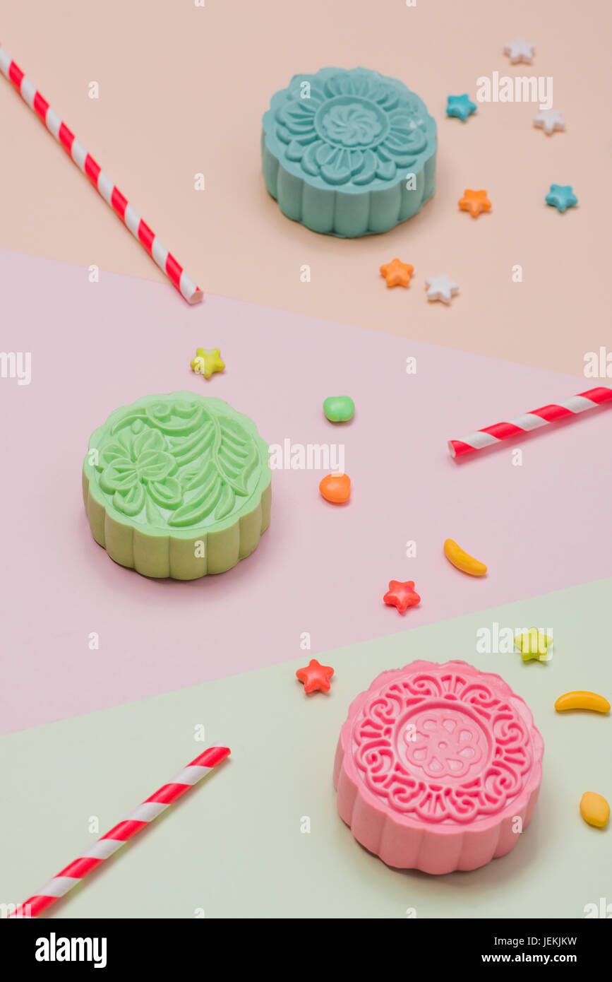 Table party setting. Traditional mid autumn festival colorful mooncakes ...