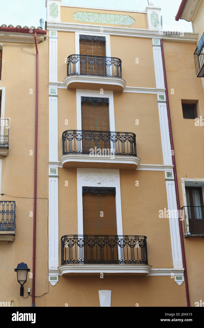 Curved balconies on a building in Onda's old quarter in the Province of ...