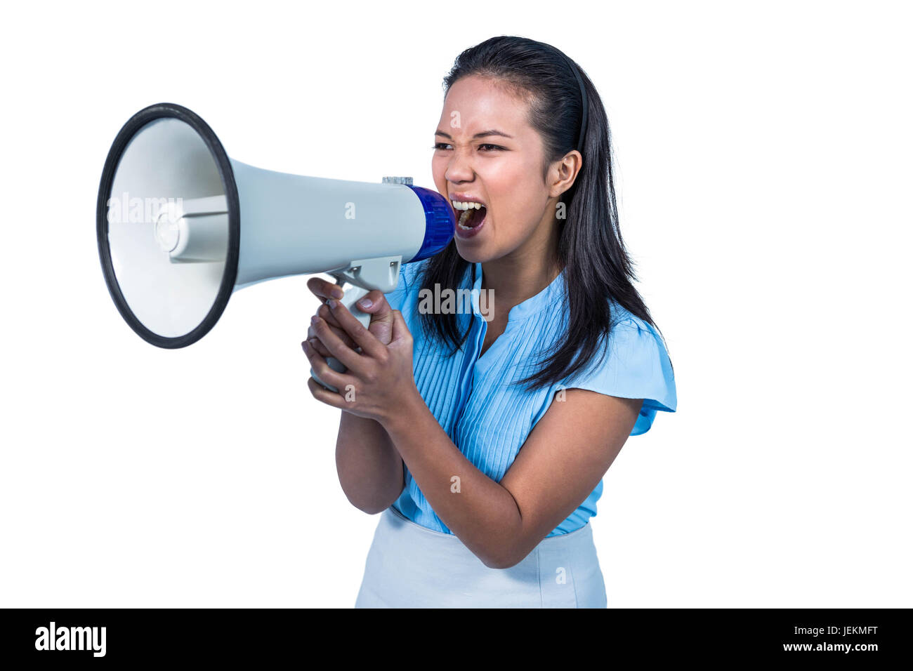 Asian woman female using talking speaking into megaphone hi-res stock ...