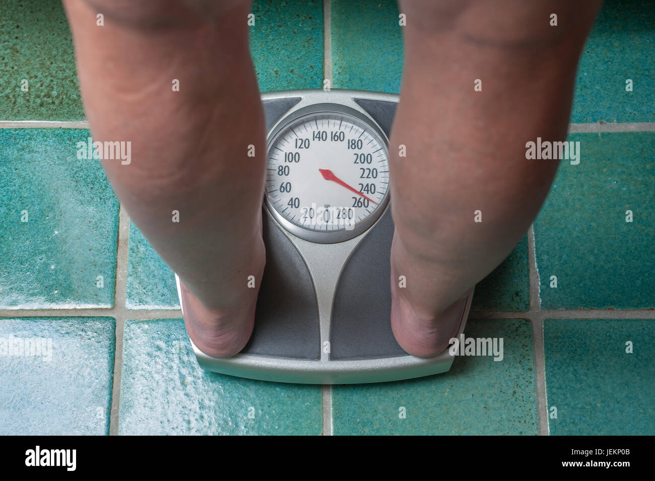 A severely overweight person weighing herself or himself on a bathroom ...