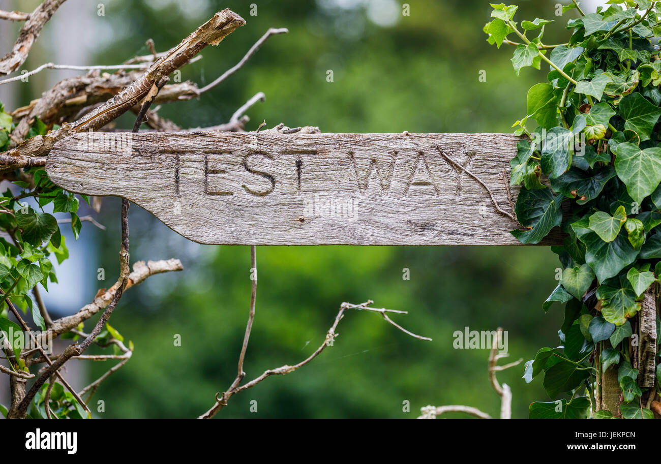 Outdoor rural activities: Weathered wooden fingerpost on the Test Way ...
