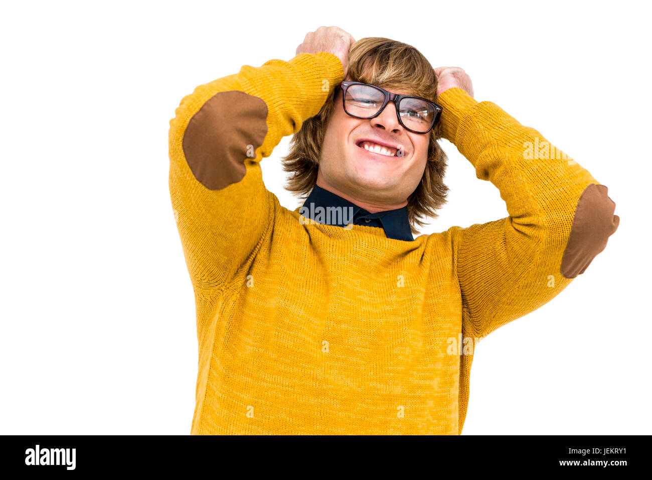 Portrait of angry hipster holding his head Stock Photo - Alamy