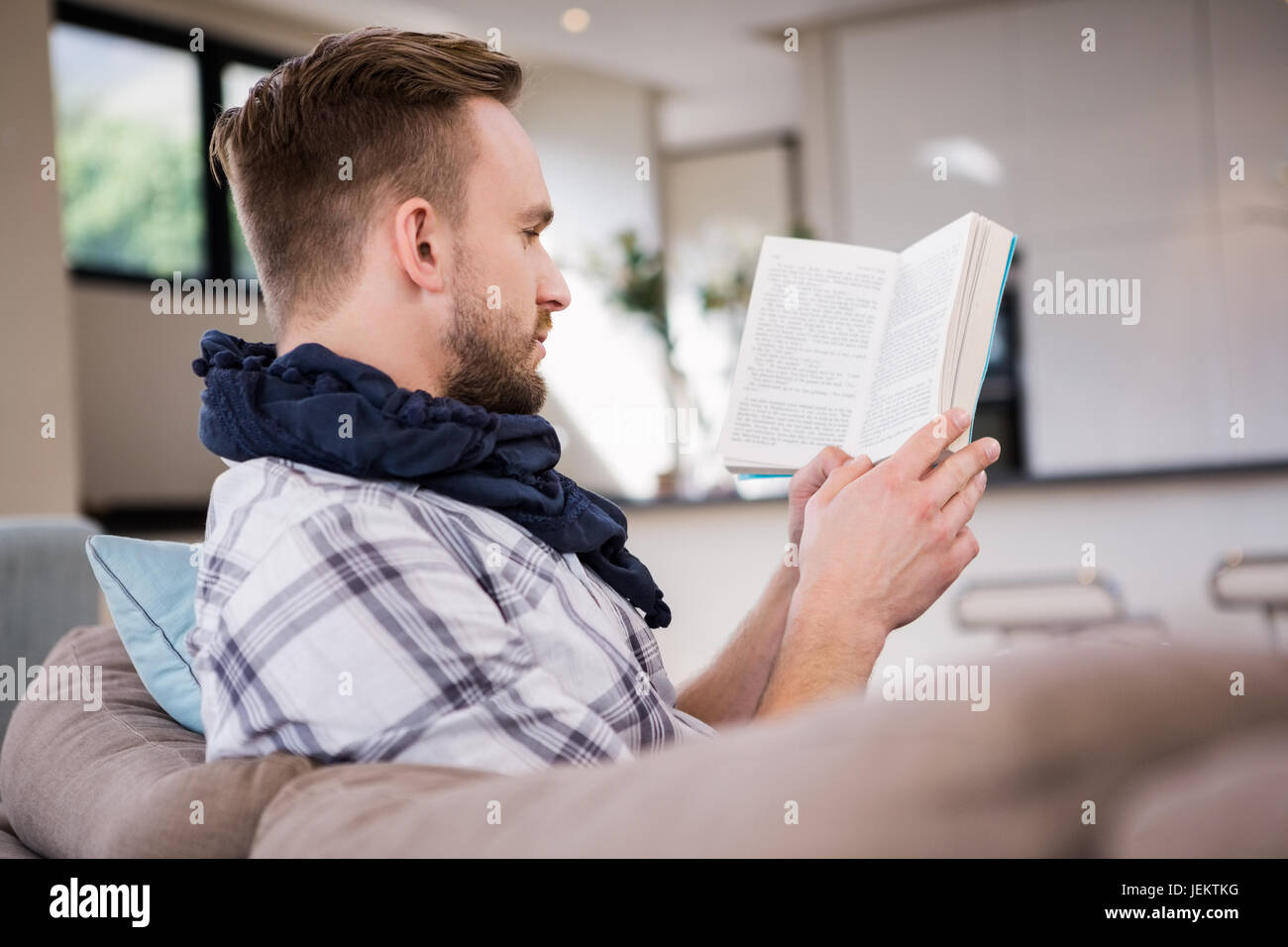 Handsome man reading a book on the couch Stock Photo - Alamy